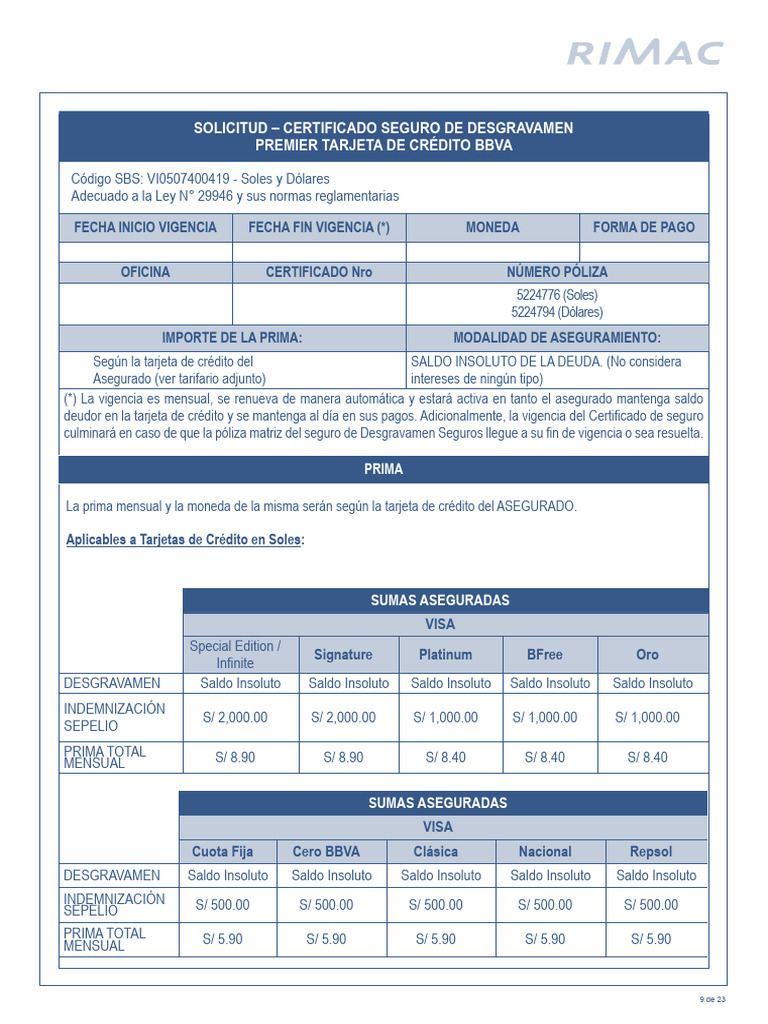 Seguro de Desgravamen Tarjetas de Credito Visa y Mastercard Agosto 2021 | PDF | Póliza de ...