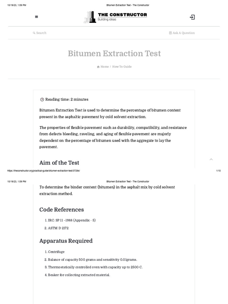 Bitumen Extraction Test - The Constructor | PDF | Concrete | Road Surface