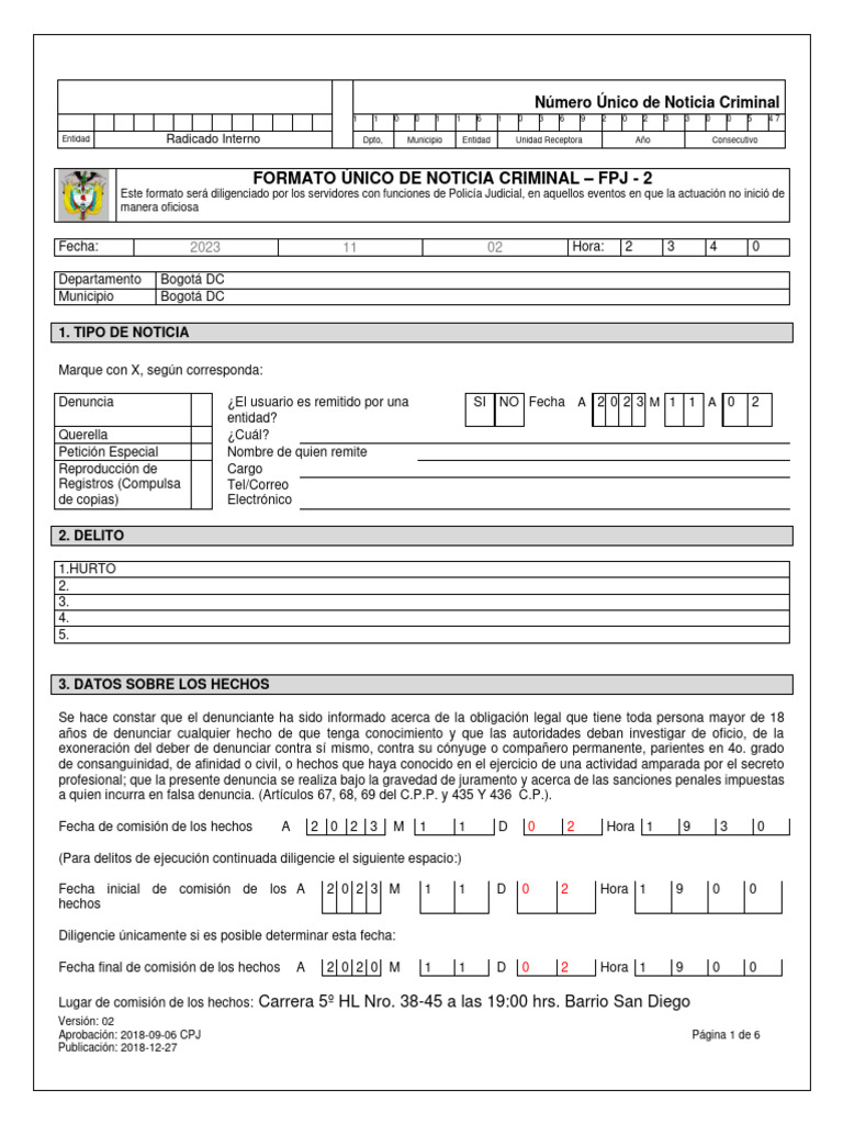 FPJ 2 Formato Unico Noticia Criminal HURTO | PDF | Documento de ...