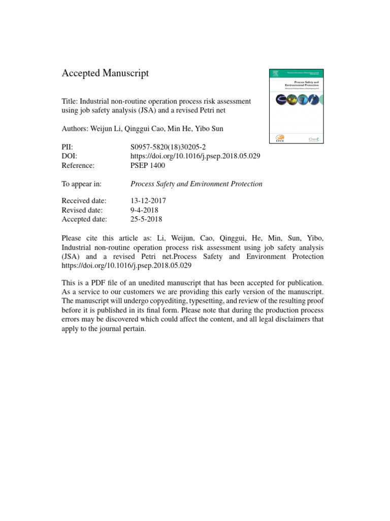 Industrial Non-Routine Operation Process Risk Assessment Using Job Safety Analysis (JSA) and A ...
