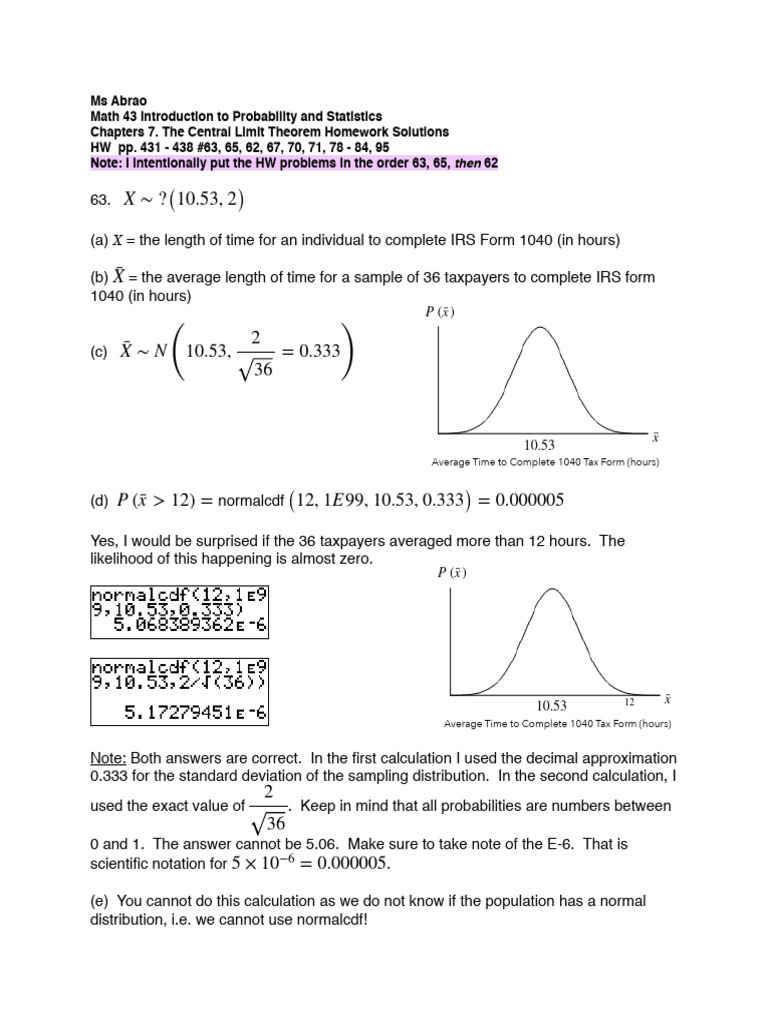 Chapter 7. The Central Limit Theorem Practice and Homework Solutions | PDF | Normal Distribution ...