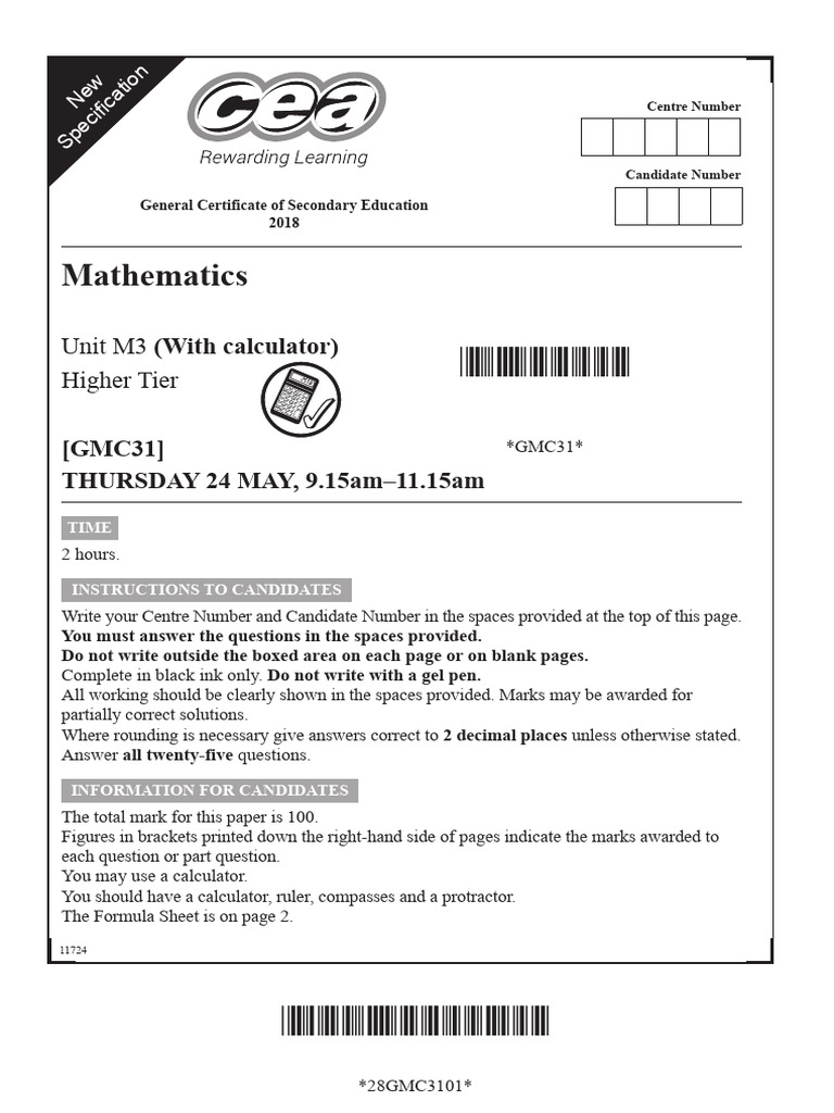 GCSE MATH REVISED Past Papers Mark Schemes Standard MayJune Series 2018 ...