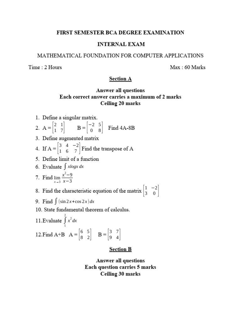 1ST Sem Bca Internal 2021 | PDF | Matrix (Mathematics) | Mathematical Analysis
