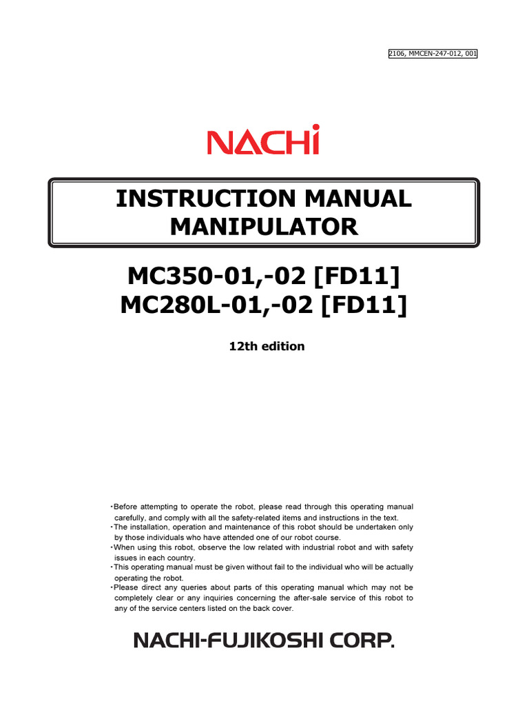 Nachi Mc350-01 Manipulator Instruction Manual | PDF | Electrical Connector | Screw