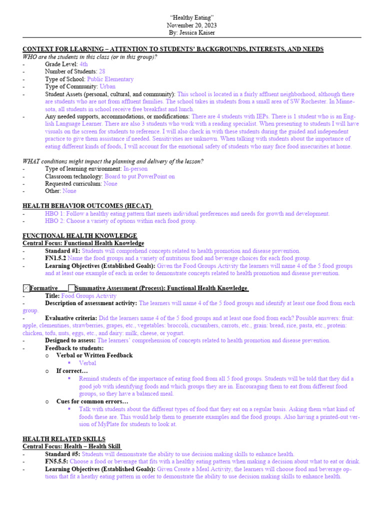Kaiser Hers 302 Healthy Eating Lesson Plan 11 | PDF | Foods | Learning