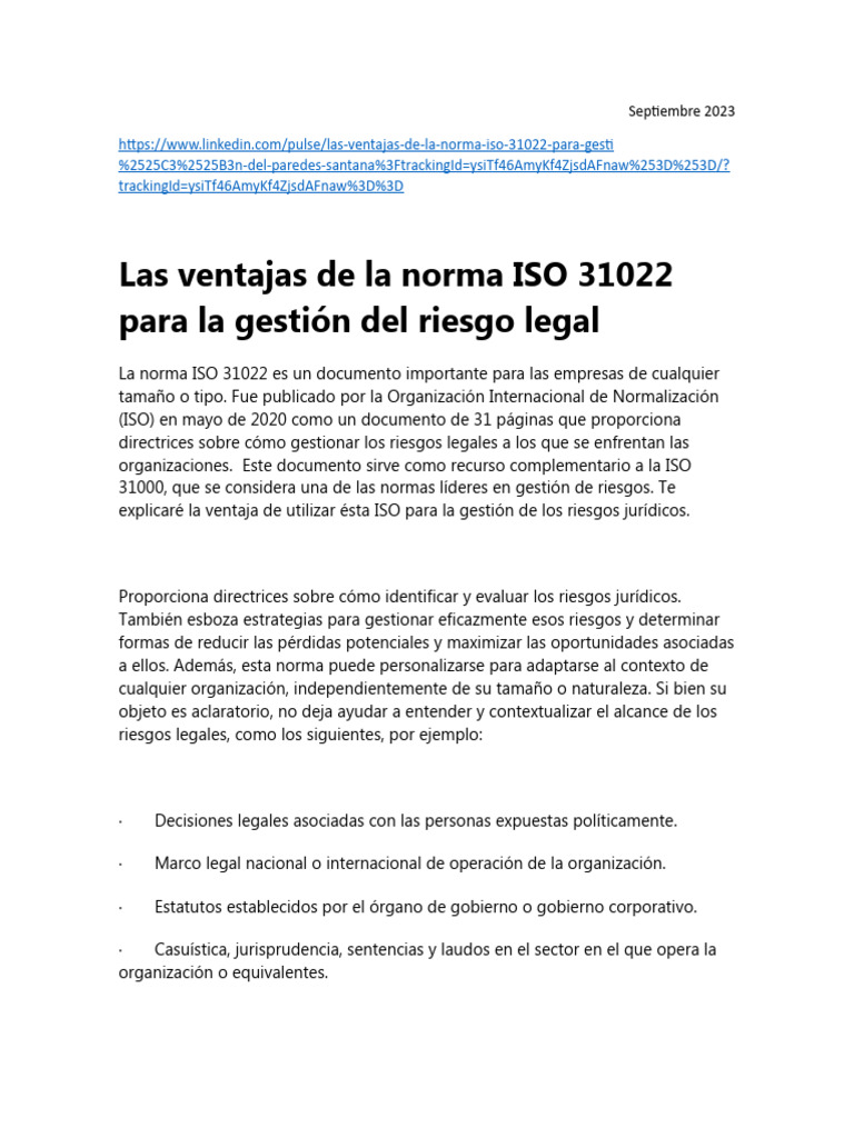Las Ventajas de La Norma ISO 31022 para La Gestión Del Riesgo Legal ...