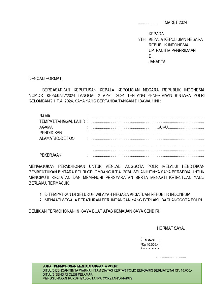 Blangko Bintara PTU 2024-Polresta Kendari | PDF