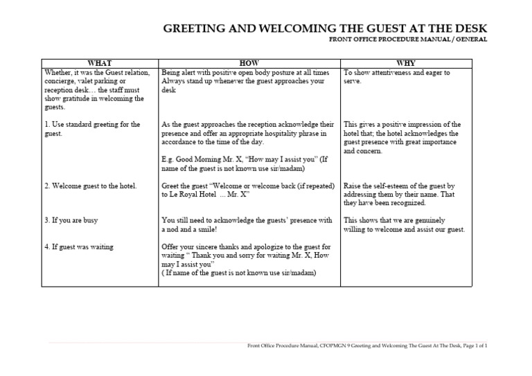 Guest Greeting Procedures at Front Desk | PDF