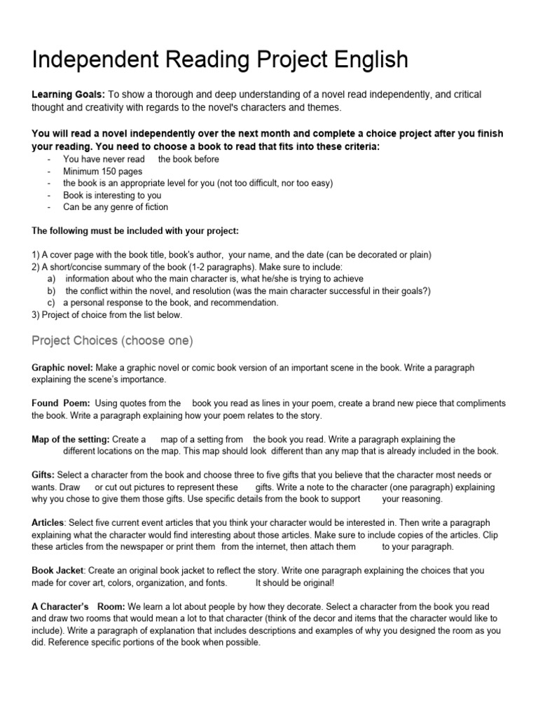 Independent Reading Project Choices | PDF | Books | Thought