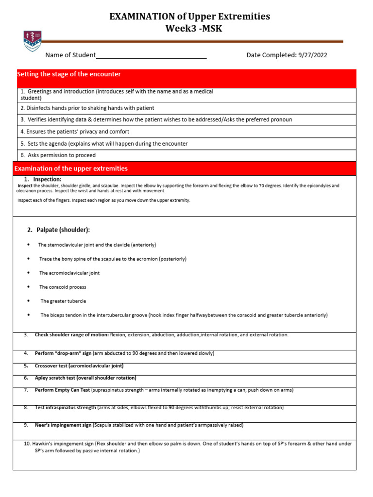 Upper Extremity Examination Guide | PDF | Anatomical Terms Of Motion | Hand