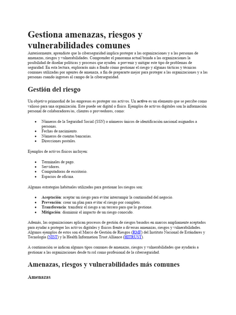 Gestiona amenazas riesgos y vulnerabilidades comunes | PDF | La ...