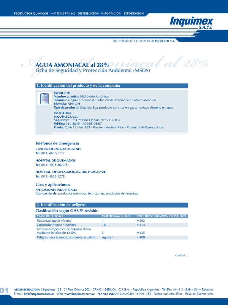 Inquimex SACI - MSDS AA28 | PDF | Amoníaco | Agua
