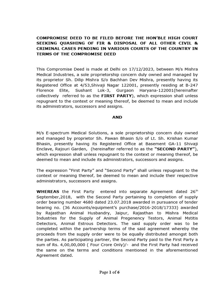 Dilip Mishra Compromise Deed First Draft | PDF | Lawsuit | Settlement ...