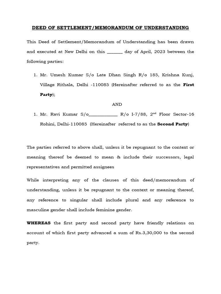Ravi Kumar Settlement Agreement | PDF | Payments | Cheque