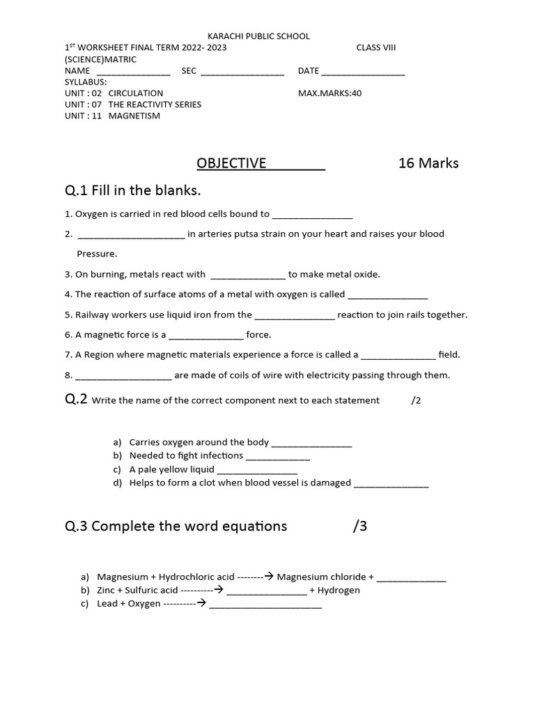 Class 8 1st Worksheet Pdf Oxygen Magnesium