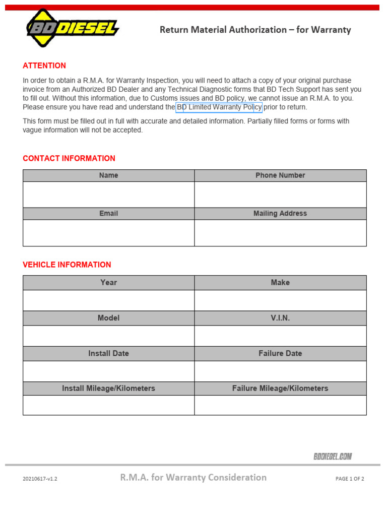 Warranty Return Material Authorization Form | PDF | Vehicles