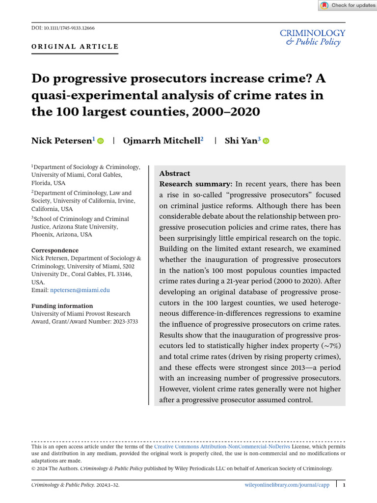 Criminology Public Policy - 2024 - Petersen - Do Progressive Prosecutors Increase Crime A Quasi ...