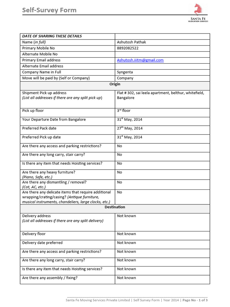 Self Survey Form - Santa Fe Moving Services PVT LTD 2014 | PDF ...