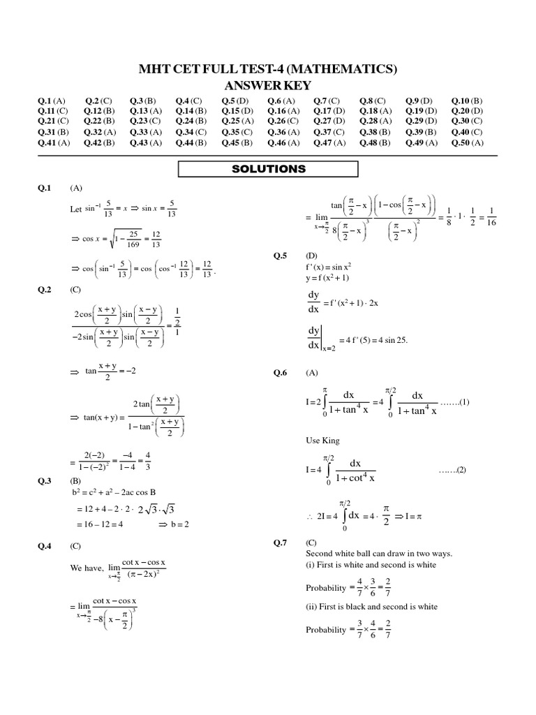 MHT CET-FT-4 Maths(Only Solutions) | PDF | Geometry | Elementary Geometry