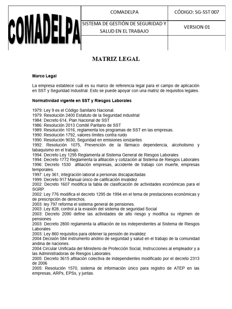 SG-SST 007 Matriz Legal | Descargar gratis PDF | Derecho laboral | Pensión