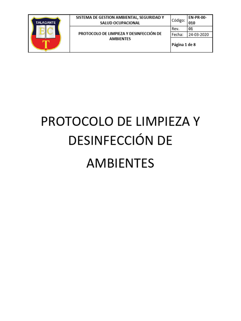 Protocolo Limpieza y Desinfección | PDF | Agua | Residuos