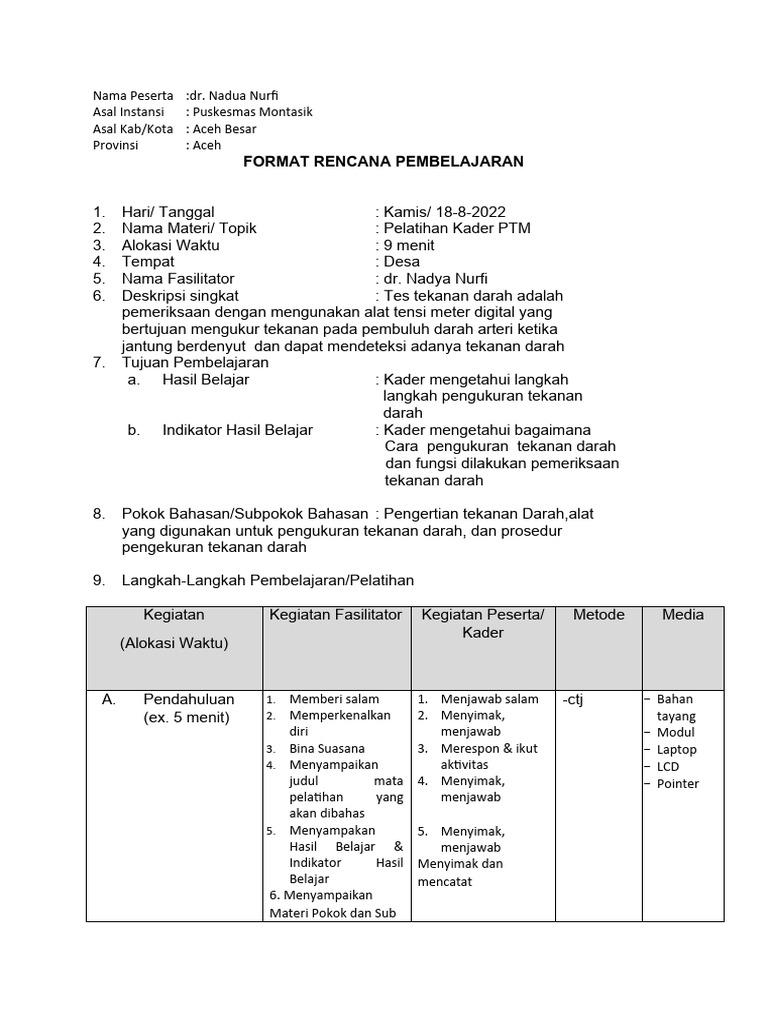 RPP Pelatihan Kader PTM Tentang Pengukuran Tekanan Darah | PDF