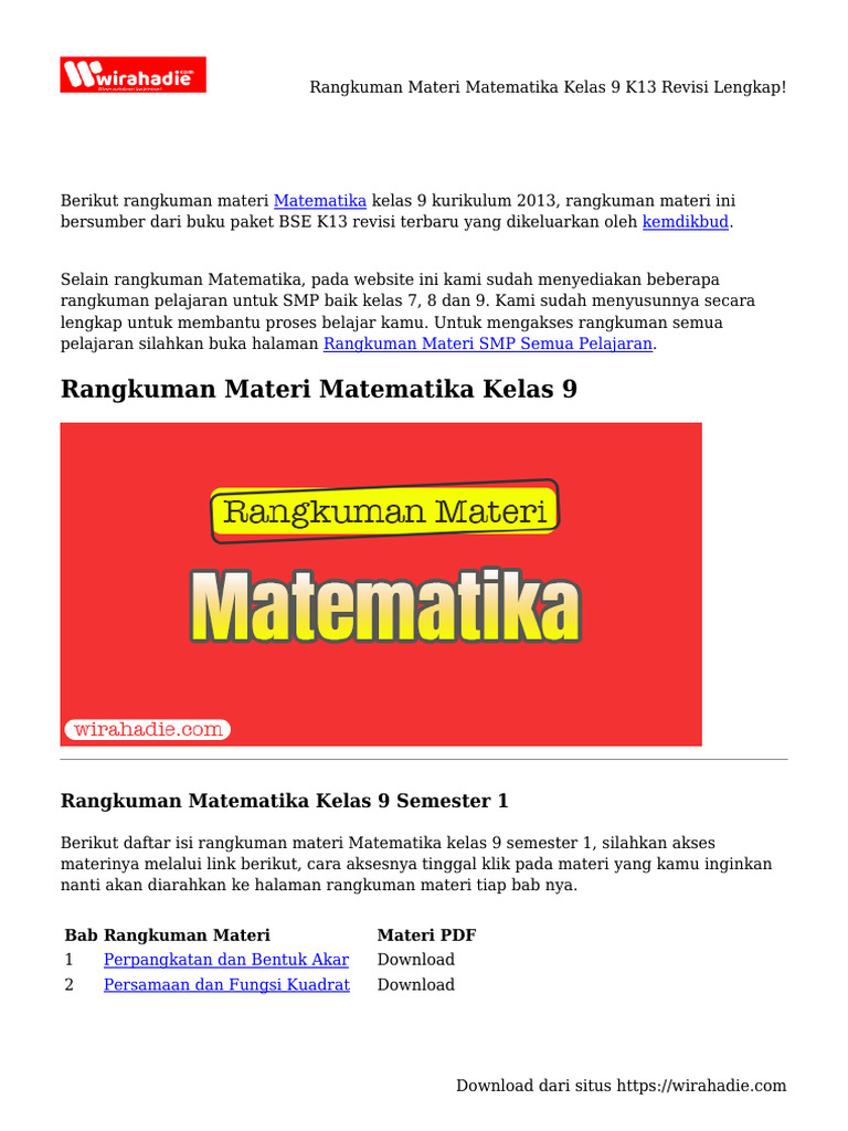Rangkuman Materi Matematika Kelas 9 K13 Revisi Lengkap! | PDF | Karier & Perkembangan