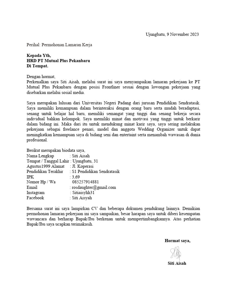 Surat lamaran kerja BRI PT Mutual Plus Pekanbaru | PDF