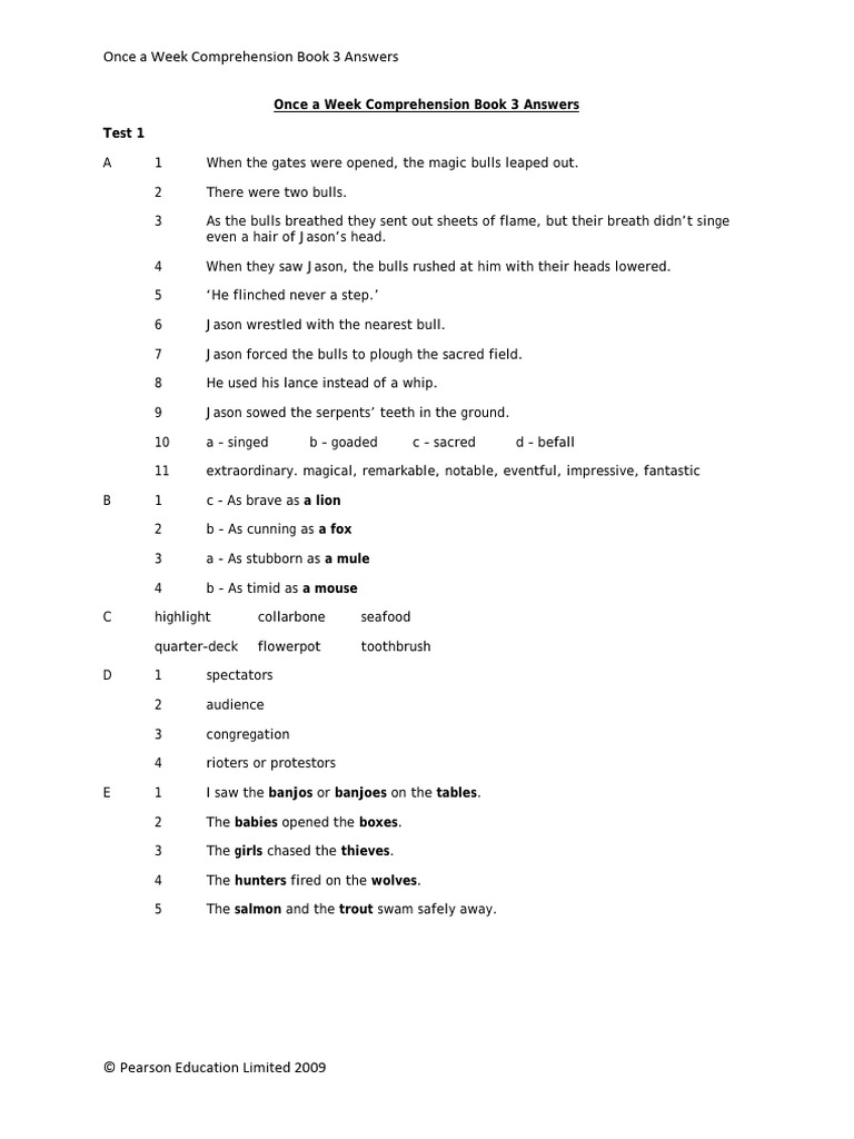Once a Week Comprehension Book 3 Answers Â© Pearson ... | PDF