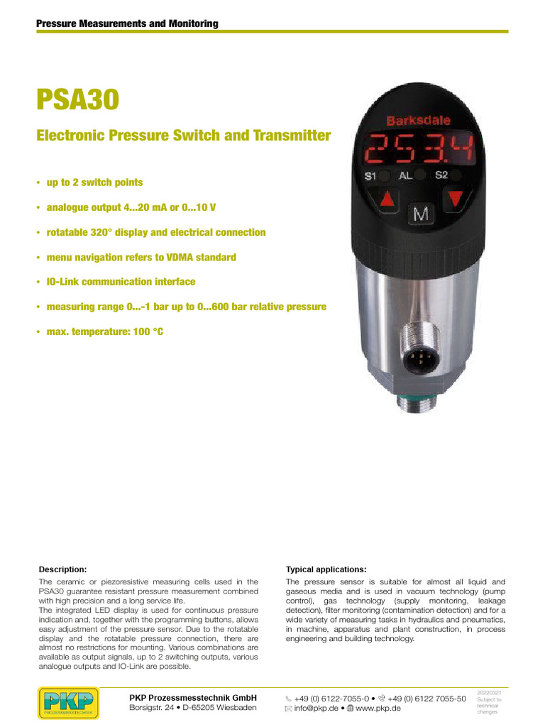 Psa30 e | PDF | Pressure Measurement | Sensor