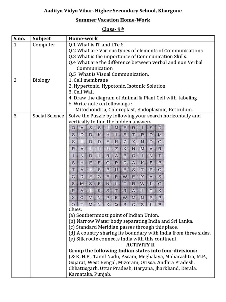 9th - Summer Vacation Homework | PDF | Biology