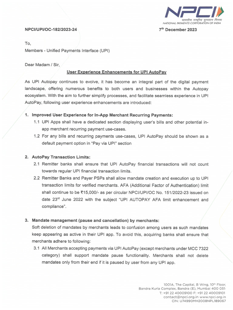 NPCI UPI OC 182 - User Experience Enhancement For UPI AutoPay | PDF