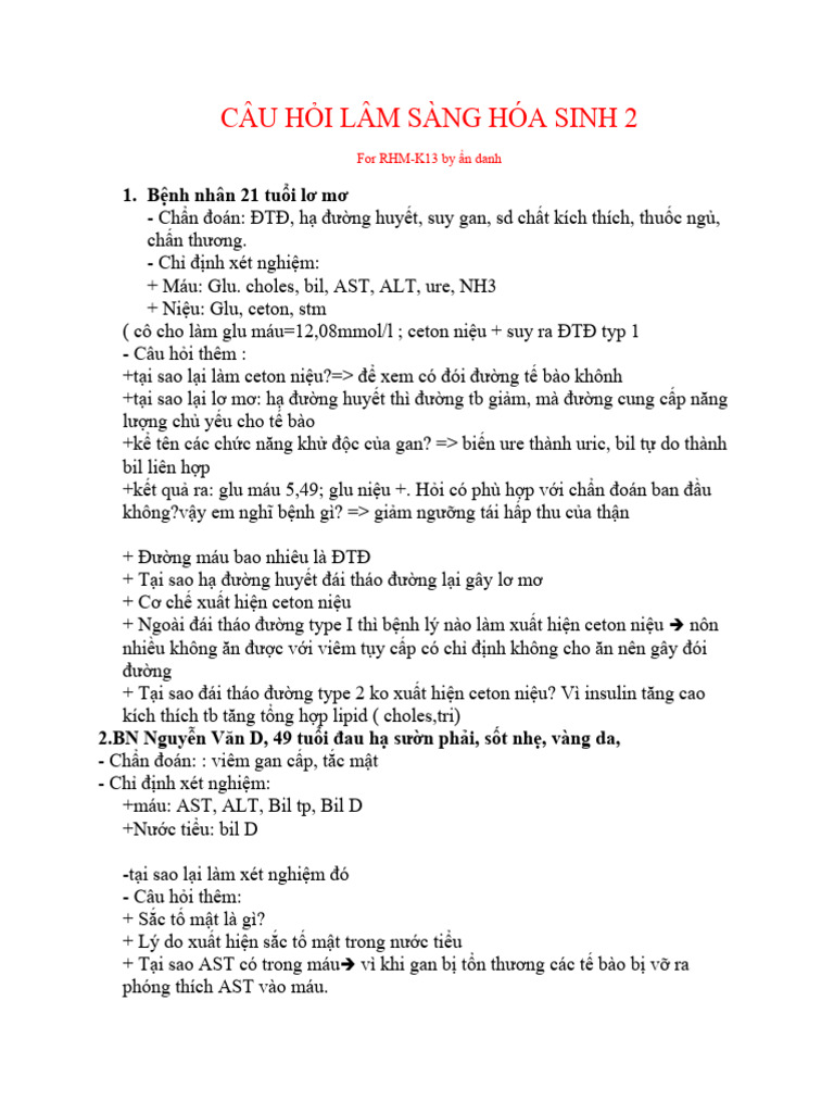 CÂU HỎI LÂM SÀNG HÓA SINH 2 | PDF