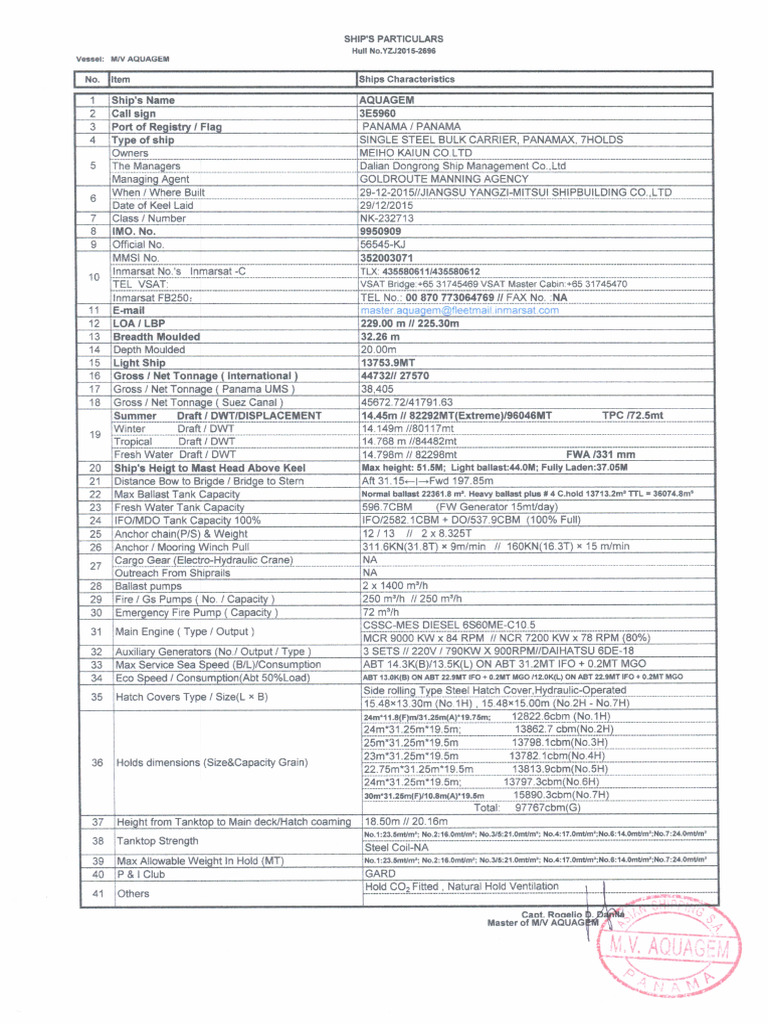 MV Aquagem - Ships Particulars | PDF