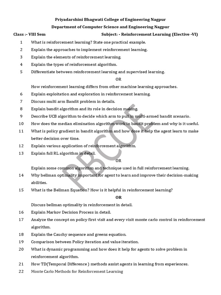 Question Bank - REINFORCEMENT LEARNING | PDF | Computational Science ...