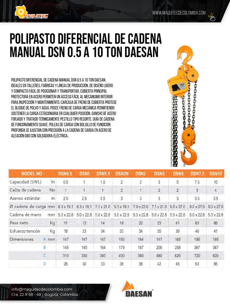 FT Polipasto Diferencial de Cadena Manual DSN 0.5 A 10 Ton DAESAN 27 04 ...
