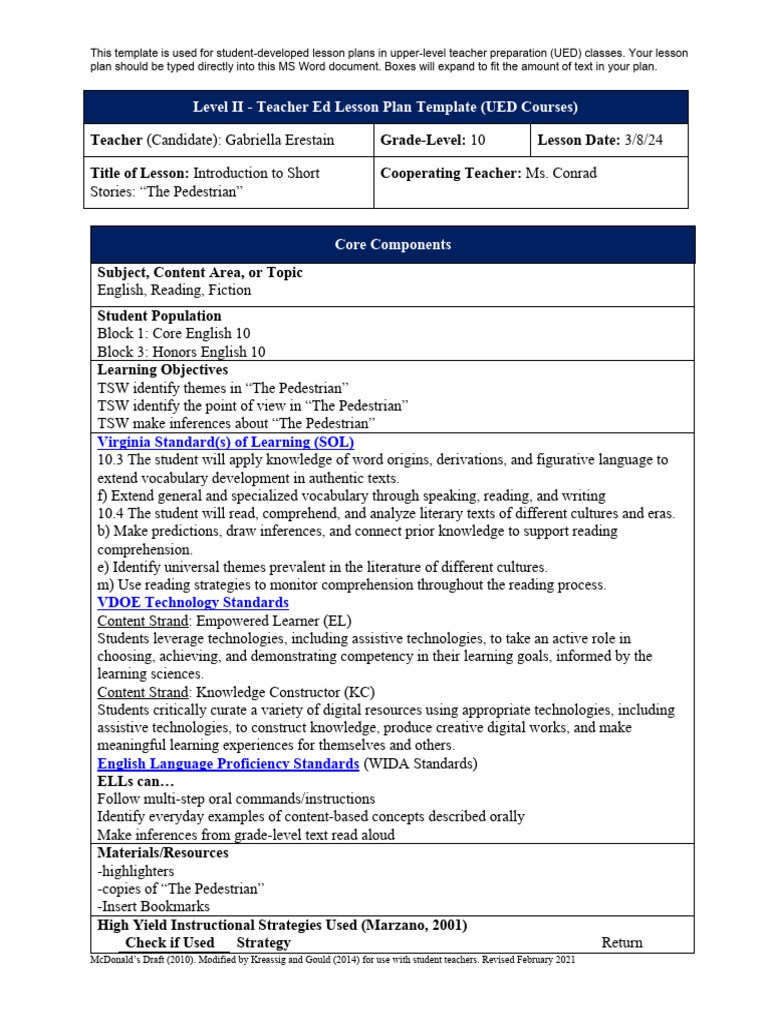 Intro To Short Stories The Pedestrian LP Reflection | PDF | Lesson Plan | Reading Comprehension