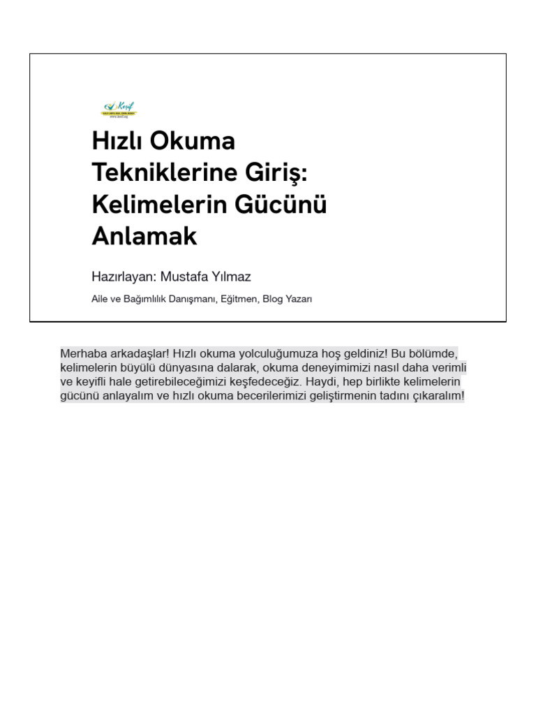 Hızlı Okuma Tekniklerine Giriş - Kelimelerin Gücünü Anlamak | PDF