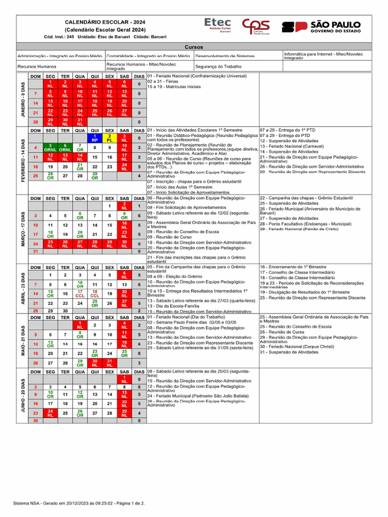 Calendário Escolar 2024 | PDF