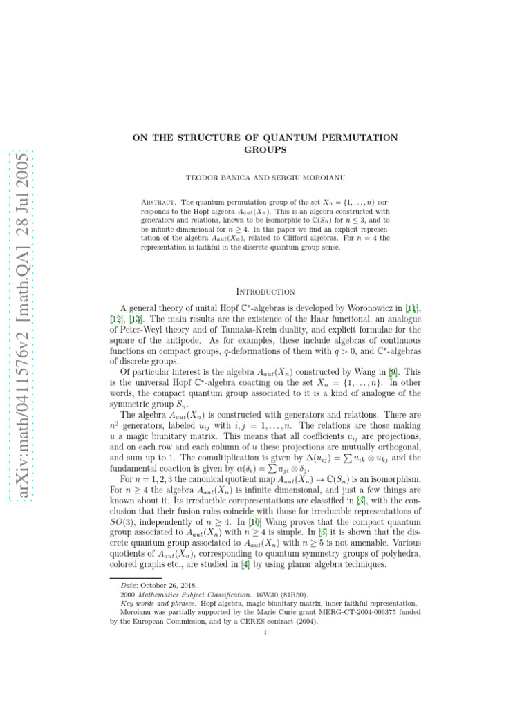 On The Structure of Quantum Permutation Groups | PDF | Representation Theory | Matrix (Mathematics)