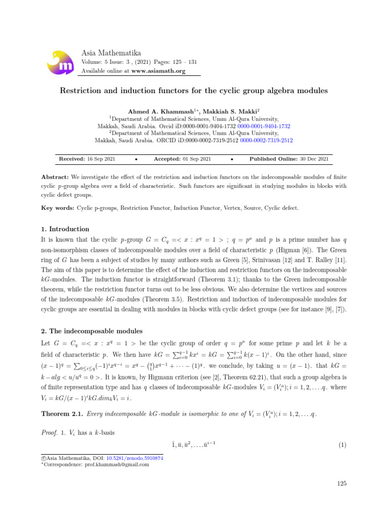 Restriction and Induction Functors For The Cyclic Group Algebra Modules | PDF | Group Theory ...