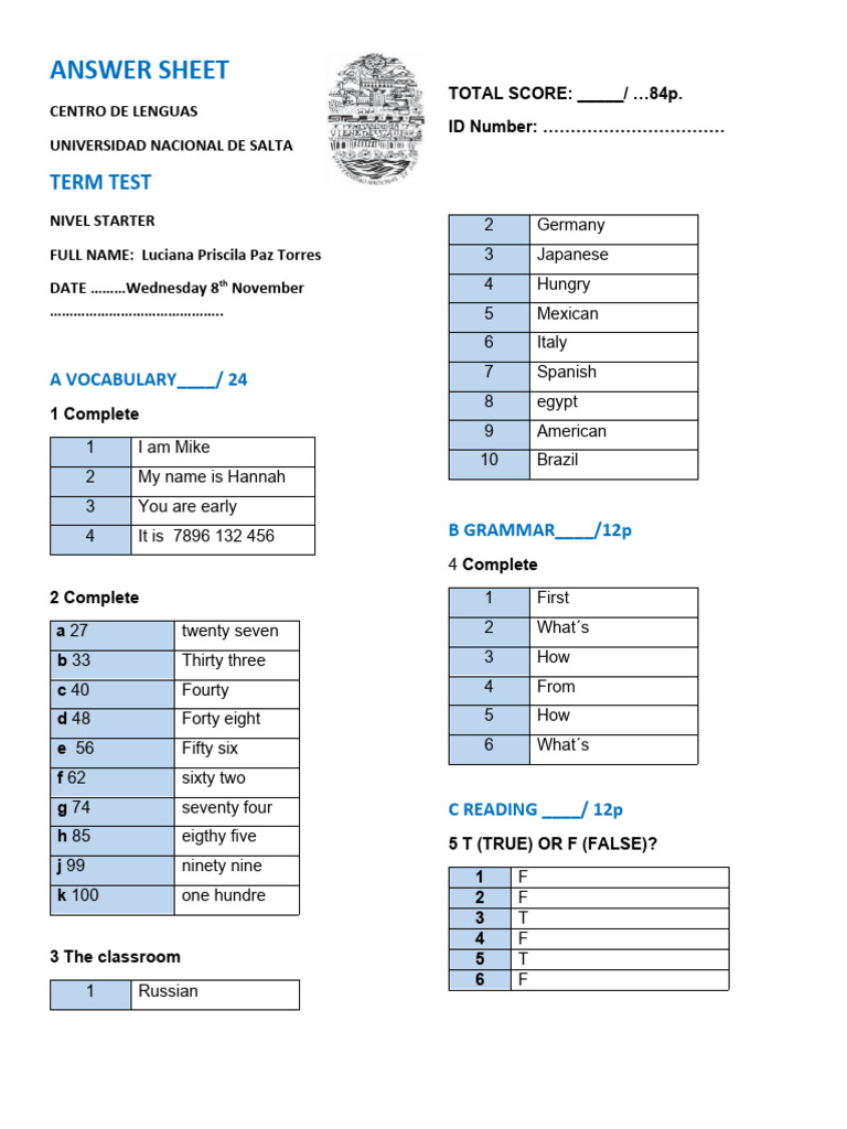 ANSWER SHEET - STARTER - TEST 1 - Name | PDF