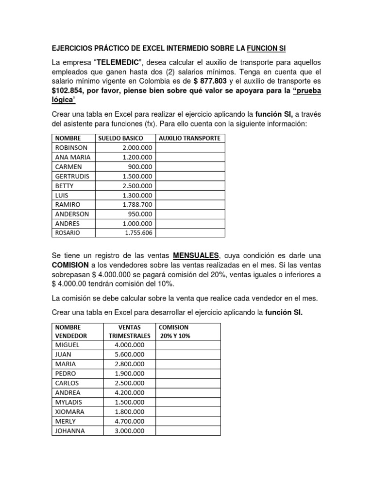 Ejercicio Funcion Si Excel Intermedio | PDF