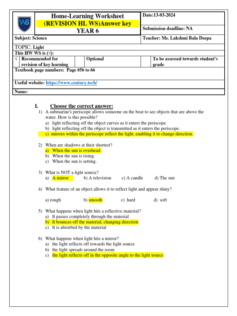 Y6 HLWS Science - REVISION WS Answer Key 13.3.24 | PDF | Shadow | Reflection (Physics)