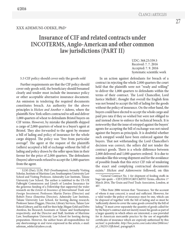 Insurance of CIF and related contracts under INCOTERMS, Anglo-American and other common ...