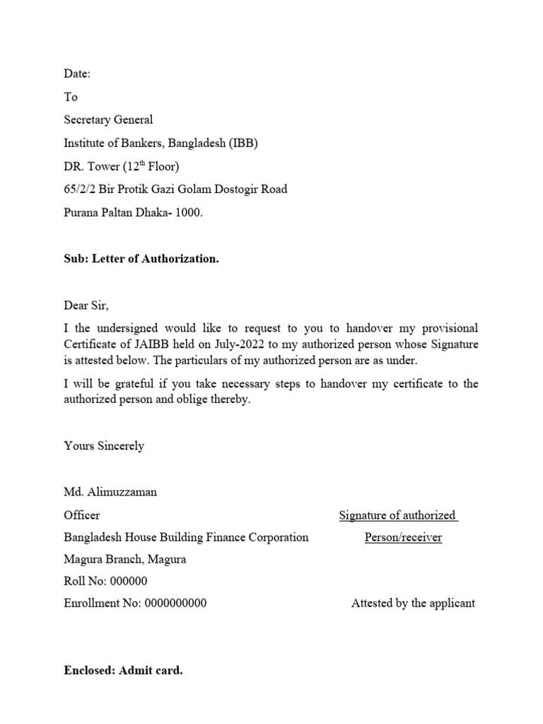 Authorization Letter IBB | PDF | Finance & Money Management