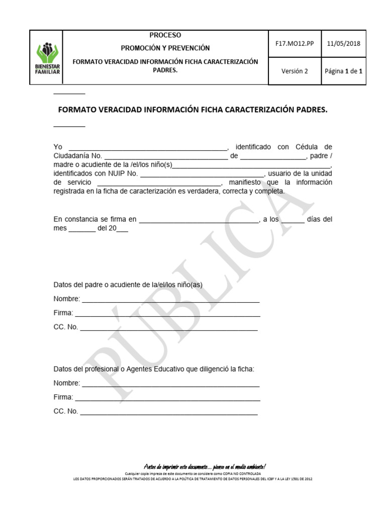 Formato De Ficha De Caracterizacion Icbf Intranet Tarc