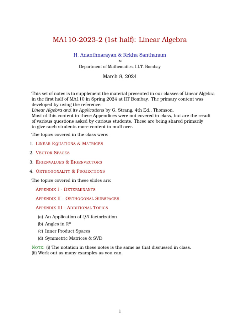 MA110 Linear Algebra - Extra Reading | Download Free PDF | Matrix ...