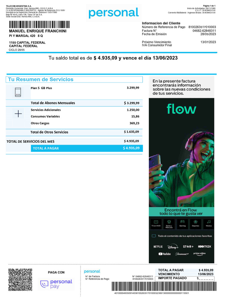 Factura Telecom Argentina Mayo 2023 | PDF | Economias | Impuestos