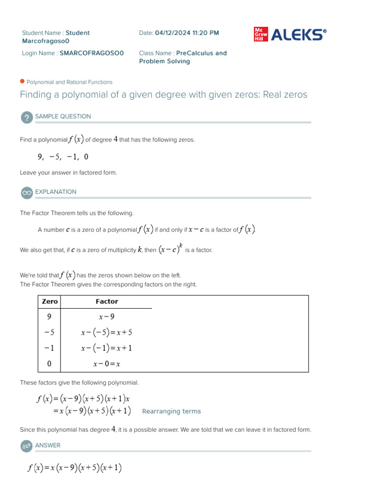 12 Polynomial And Rational Functions Finding A Polynomial Of A Given Degree With Given Zeros
